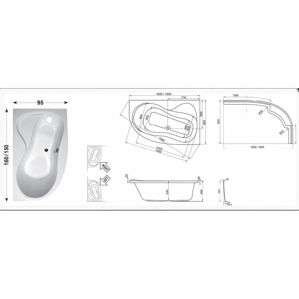 RAVAK vana Rosa 95 150 x 95 L snowwhite C551000000